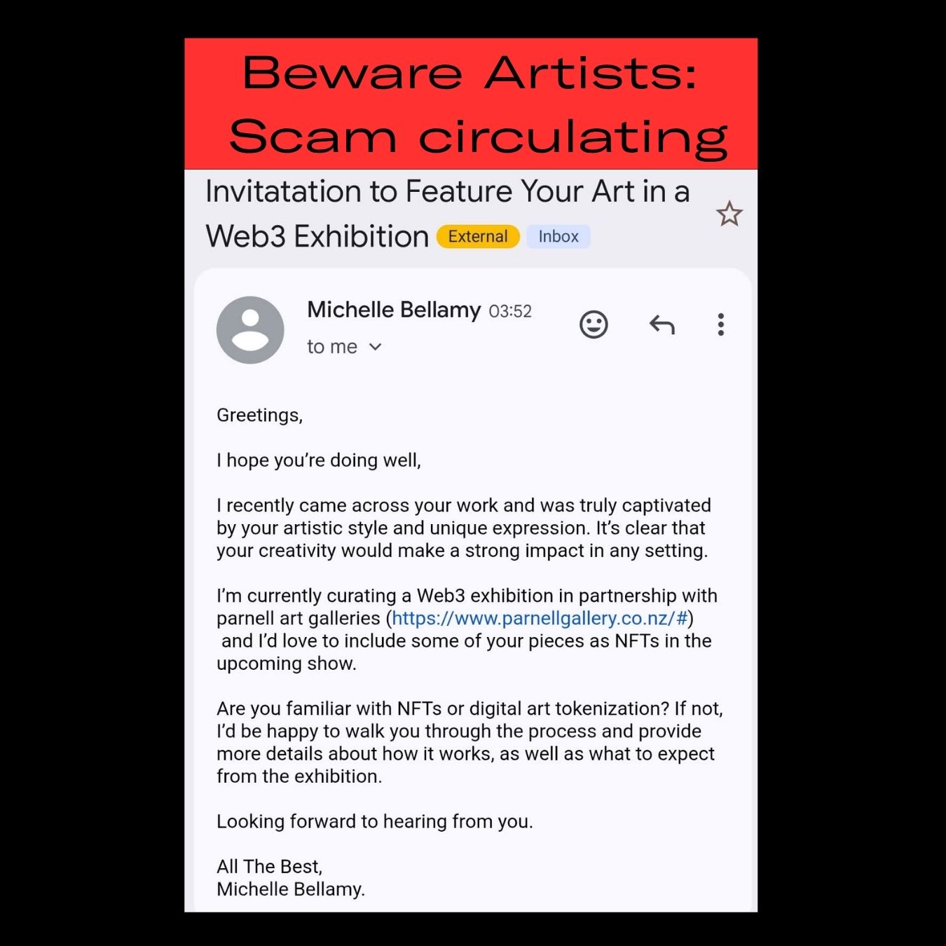 Scam Alert: Fake NFT Exhibition Emails from artist, Michelle Bellamy ...